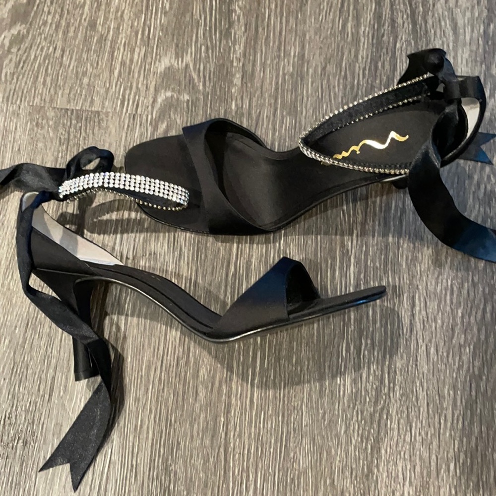 New Beautiful Black Satin Heels With Rhinestone Strap… - Gem